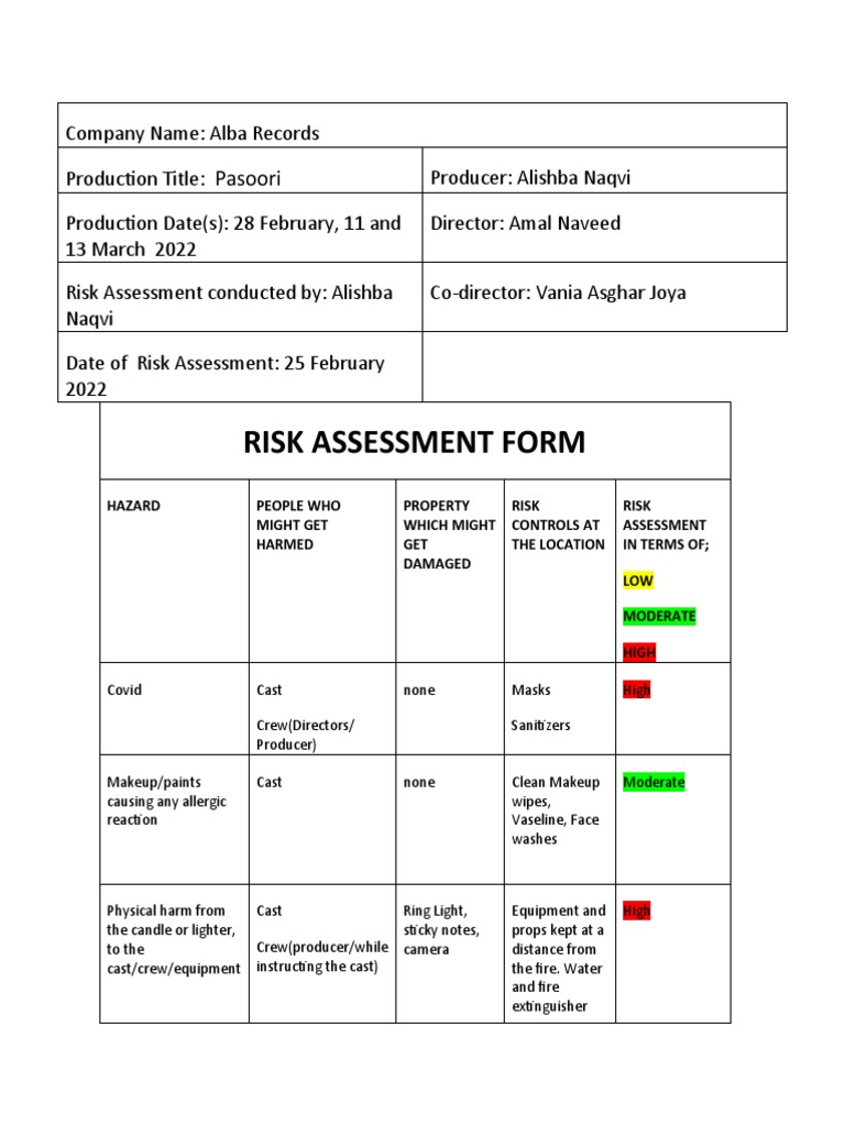 Music Video Risk Assessment Form by Alishba Naqvi | PDF