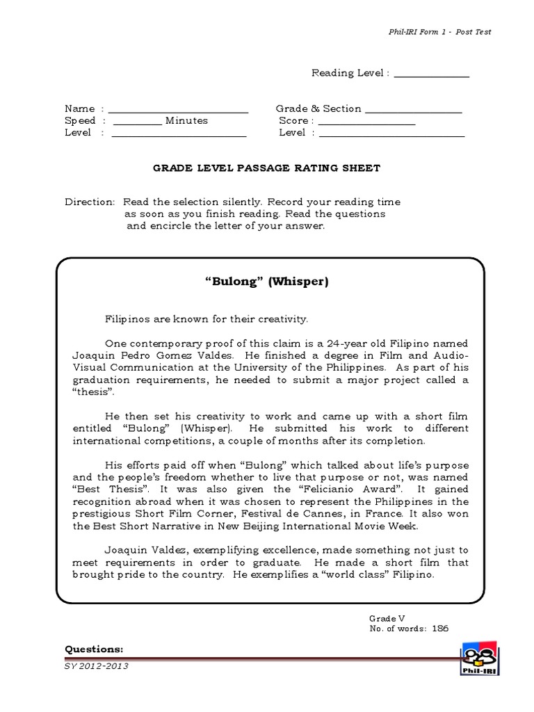 Grade 5 Reading Assessment | PDF