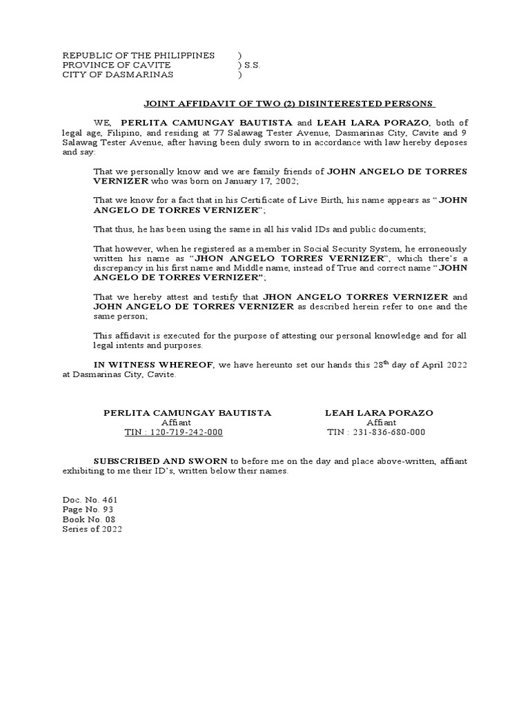 Joint Affidavit for Name Discrepancy | PDF | Law