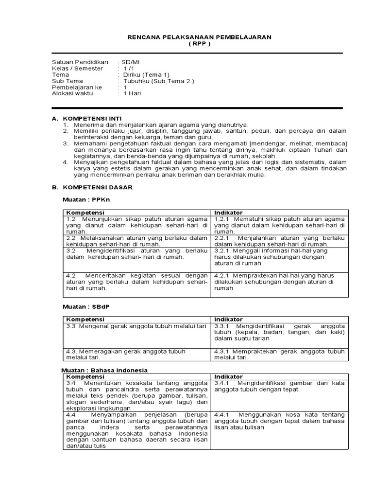 RPP Kelas 1 Semester 1 Tema 1 (DIRIKU) Subtema 2 (TUBUHKU) PEMBELAJARAN 1 DAN 2 UNTUK RPP 7 DAN ...