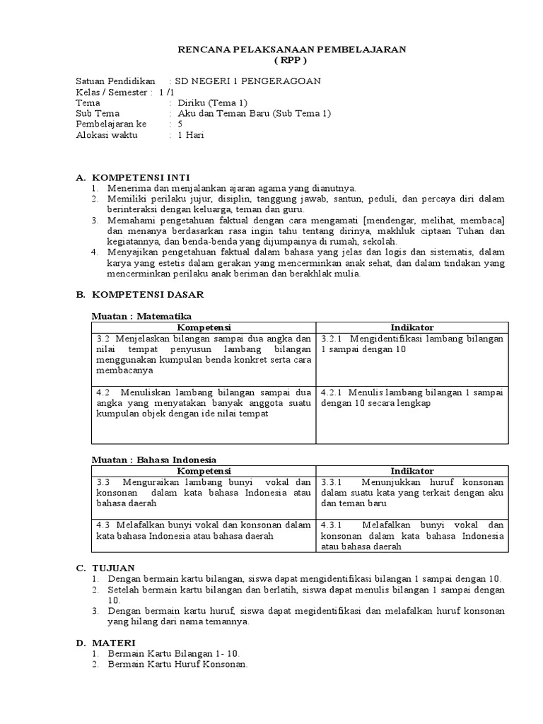 RPP Kelas 1 Semester 1 Tema 1 (DIRIKU) Subtema 1 (AKU DAN TEMAN BARU) Pembelajaran Ke 5 Dan 6 | PDF