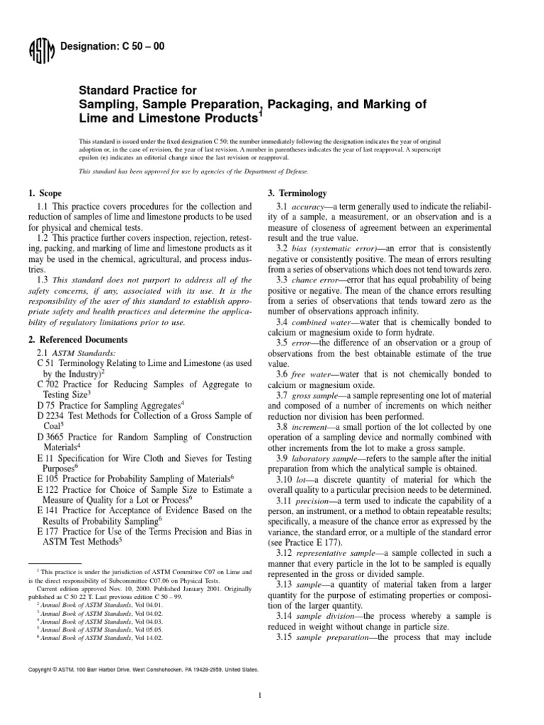 ASTM C50-00 Limestone Sampling | PDF | Variance | Sampling (Statistics)