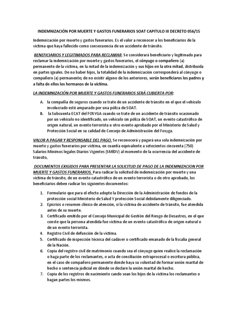 Indemnización Por Muerte y Gastos Funerarios Soat Capitulo Iii Decreto 056 | PDF | Póliza de ...
