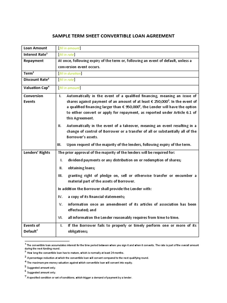 Sample Term Sheet Convertible Loan Agreement | PDF | Loans | Stocks