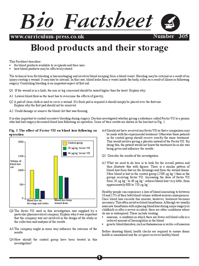 Bio Factsheet 305 Blood Products and Their Storage | PDF | Bleeding ...