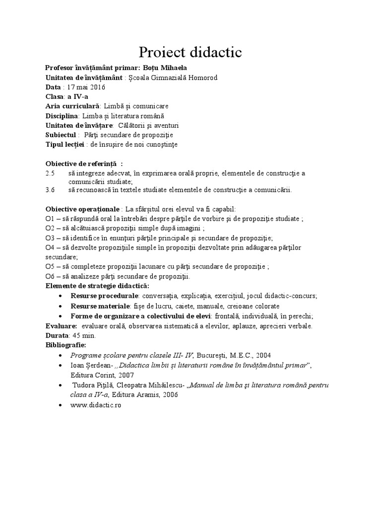 Proiect Romana Parti Secundare de Propozitie | PDF