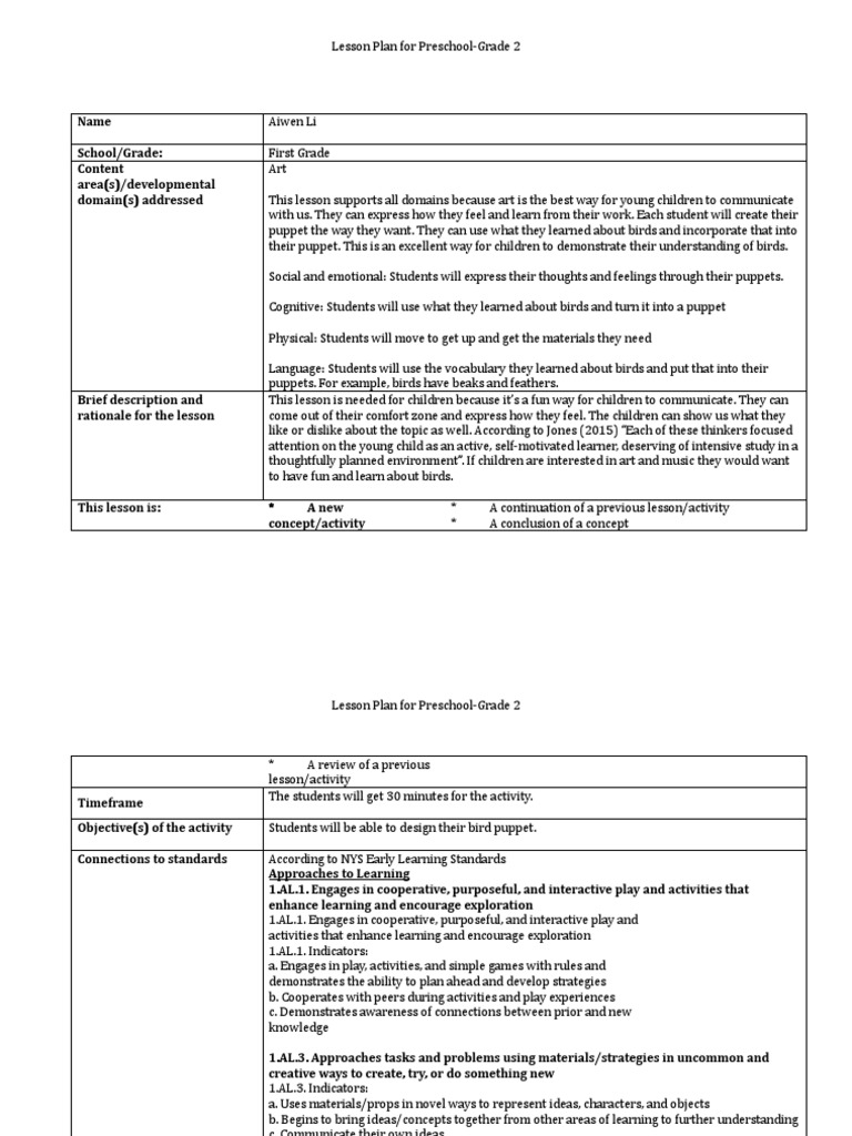 Lesson Plan Template Bird Puppets | PDF | Learning | Cognition