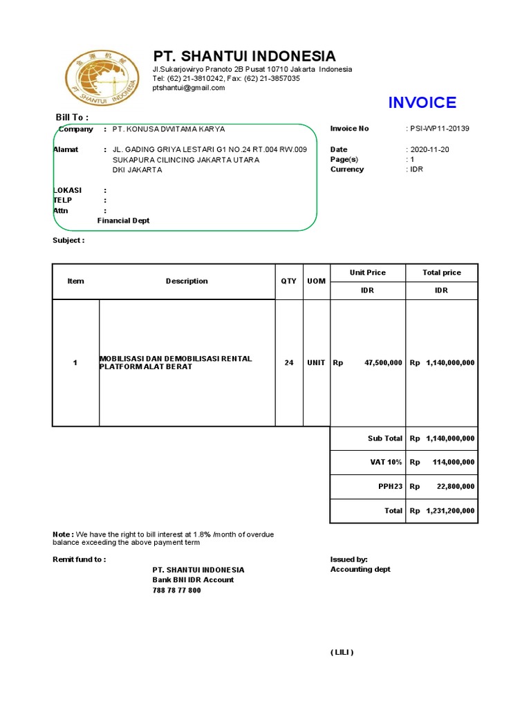 Pt. Shantui Indonesia: Invoice | PDF | Indonesian Rupiah | Indonesia