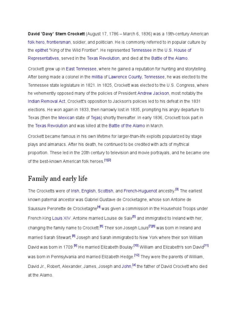 Davy Crockett Wikepedia | PDF | Battle Of The Alamo | Davy Crockett