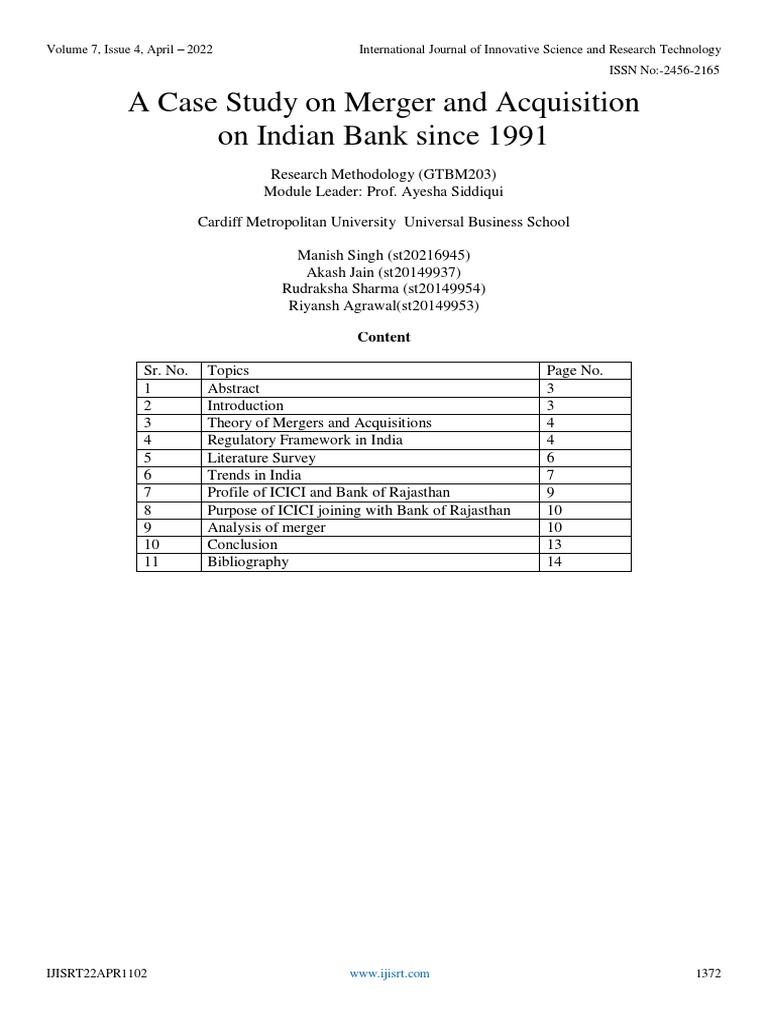 A Case Study On Merger and Acquisition On Indian Bank Since 1991 | PDF ...