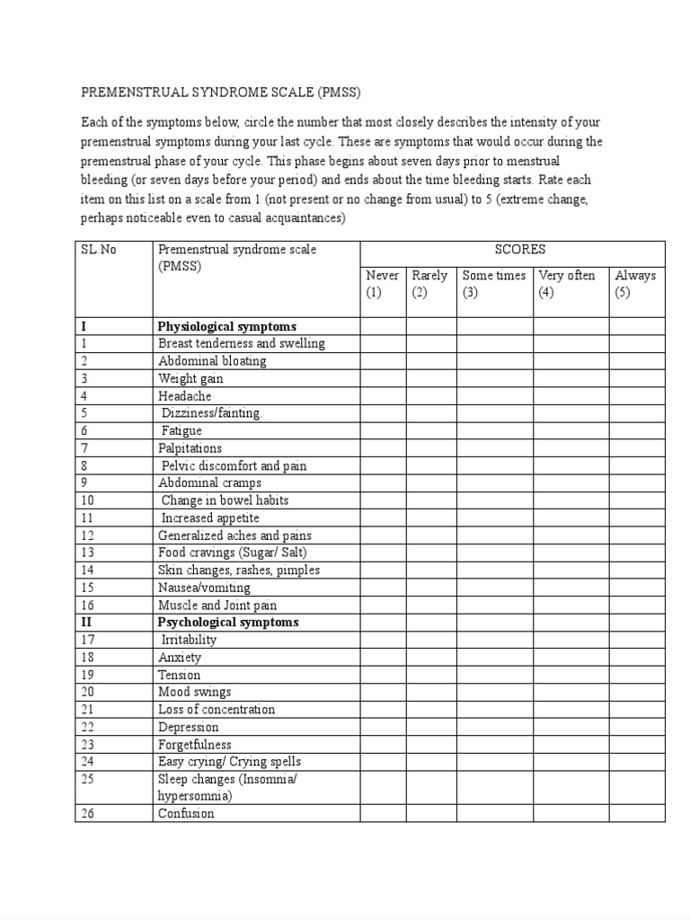 PREMENSTRUAL SYNDROME SCALE - Docx - Google Docs English | PDF