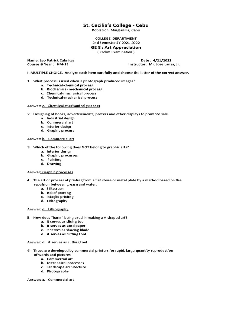 PRELIM EXAM SCC Art Appreciation Leo21 | PDF | Paintings | Drawing