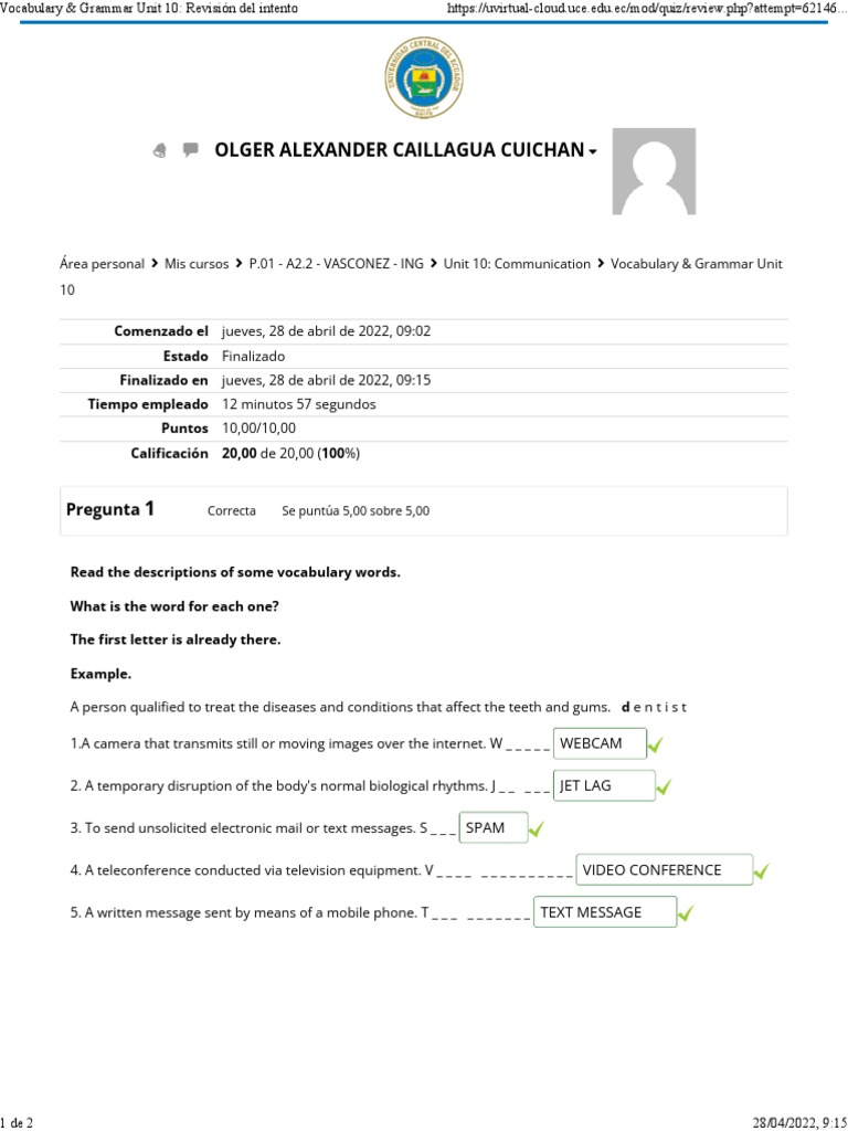 Vocabulary & Grammar Unit 10 Revisión Del Intento | PDF | Communication ...