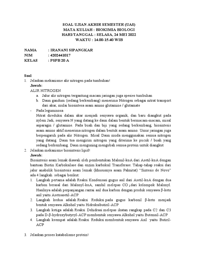 Soal UAS BIOKIMIA 24 Mei 2022 | PDF