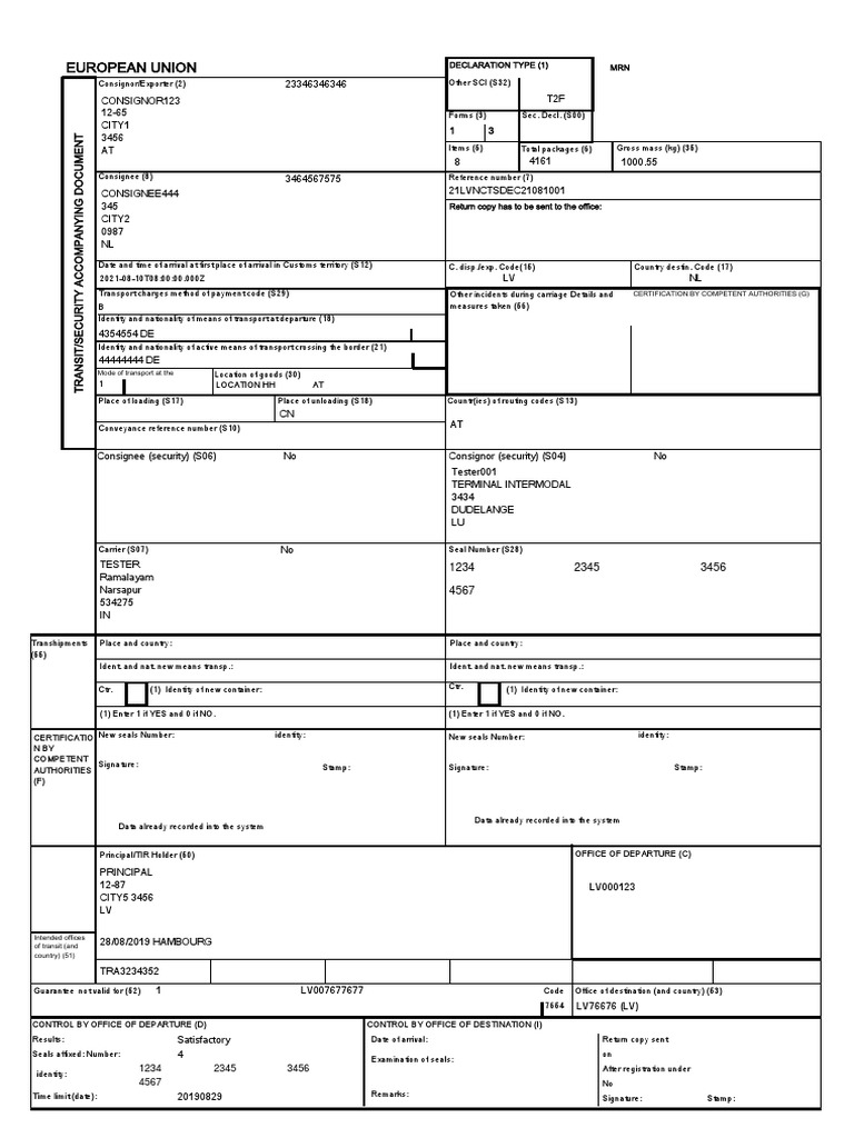 Declaration for Carriage of Goods Under Transit Procedure | PDF ...