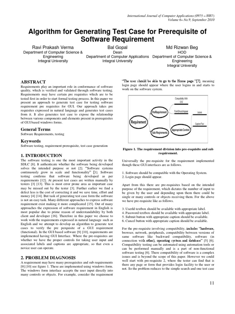 Algorithm For Generating Test Case For Prerequisite of Software ...