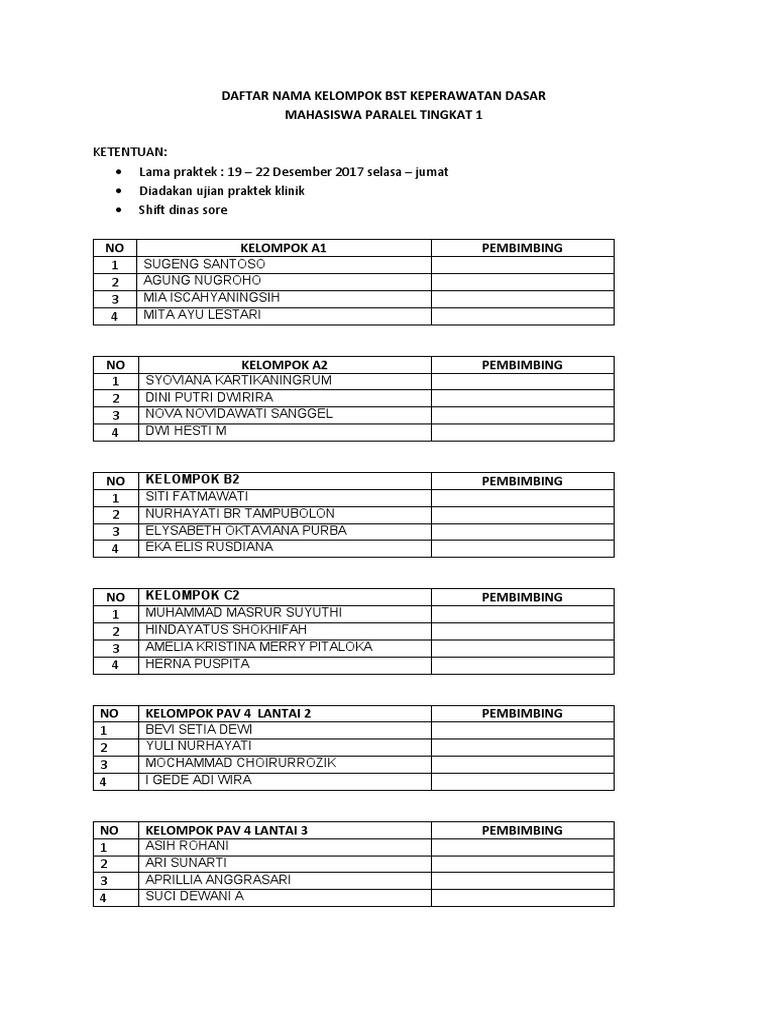 Daftar Nama Kelompok BST Kep Dasar Paralel Semester 1 | PDF