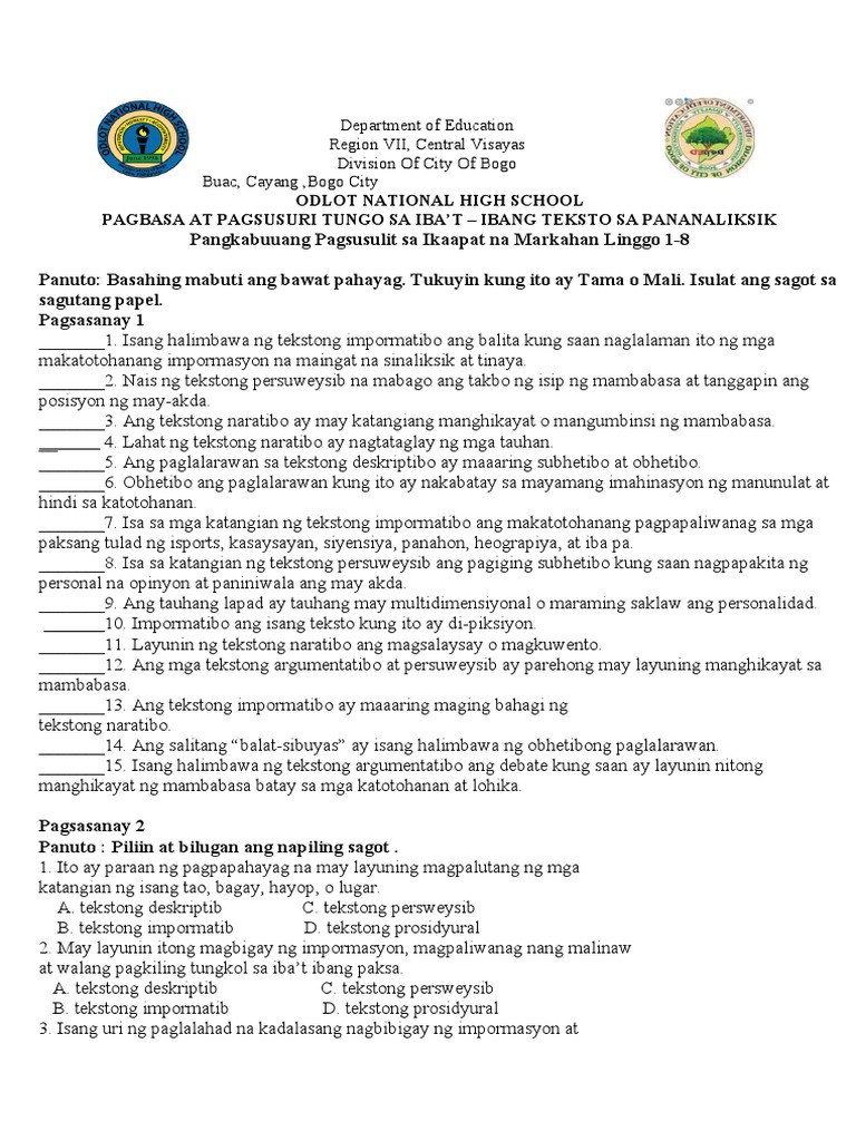 Pagbasa Summative Week 1-8 | PDF