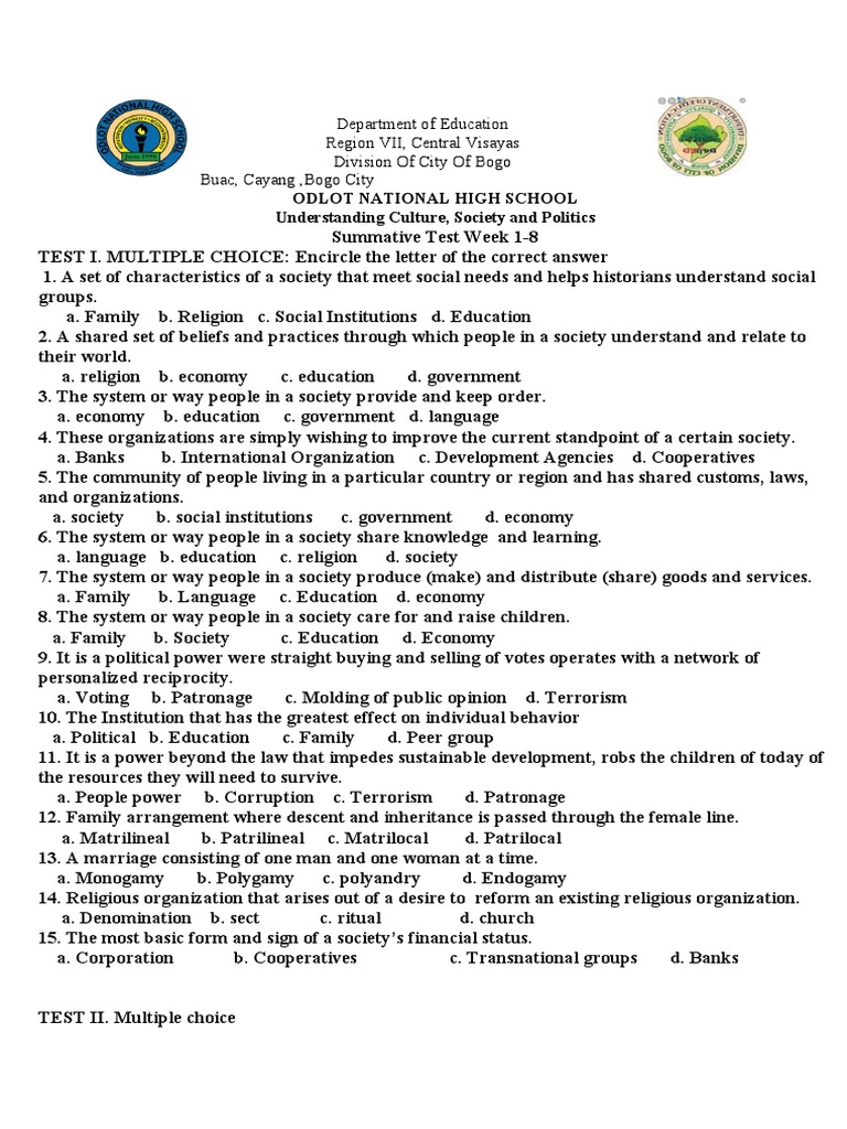 Culture, Society, and Politics Test Guide | PDF | Social Stratification ...