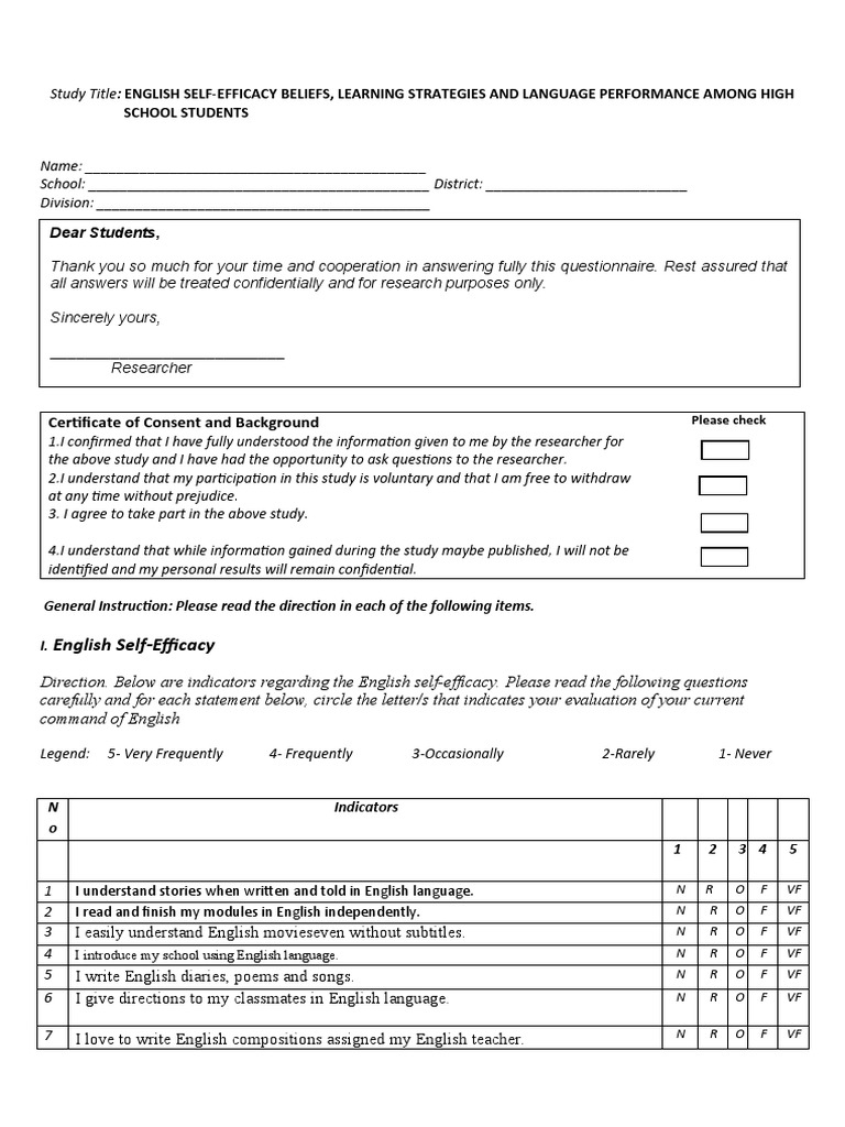 ENGLISH SELF EFFICACY ENGLISH and STRATEGY INVENTORY FOR LANGUAGE ...