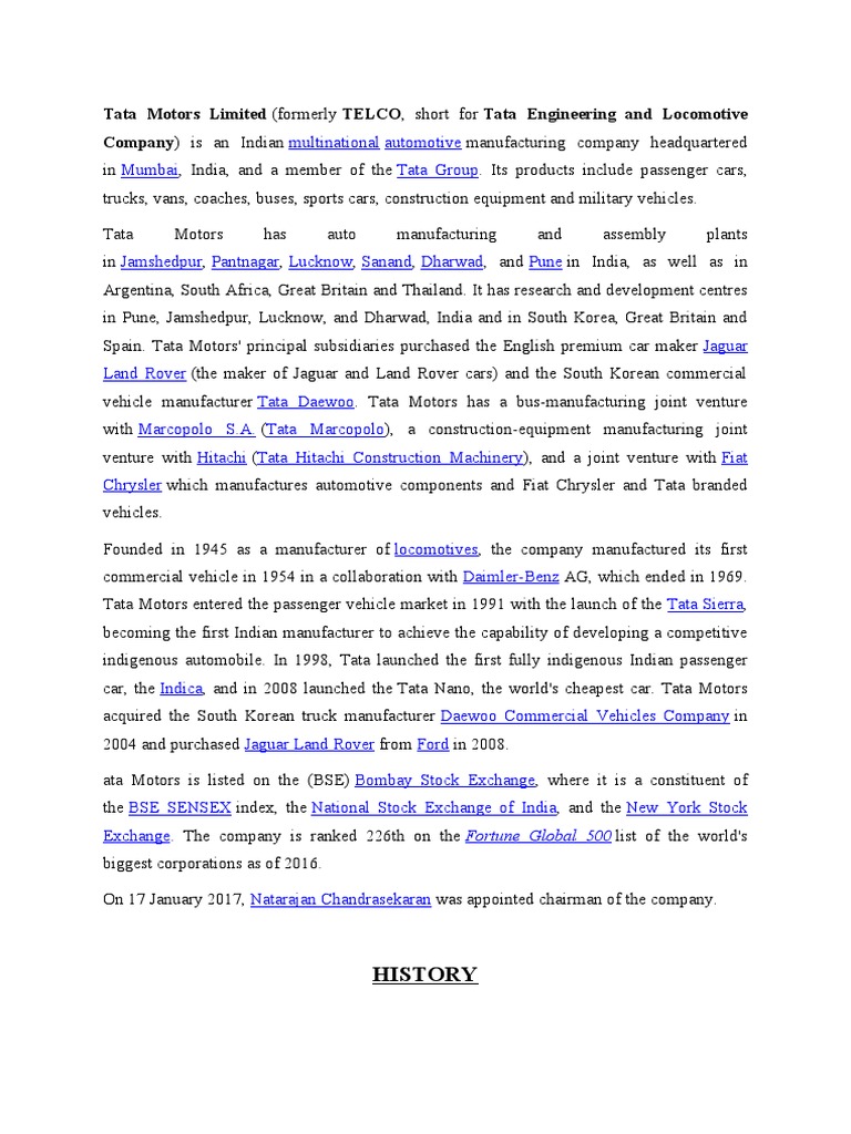 Tata Motors Limited (Formerly TELCO, Short For Tata Engineering and ...