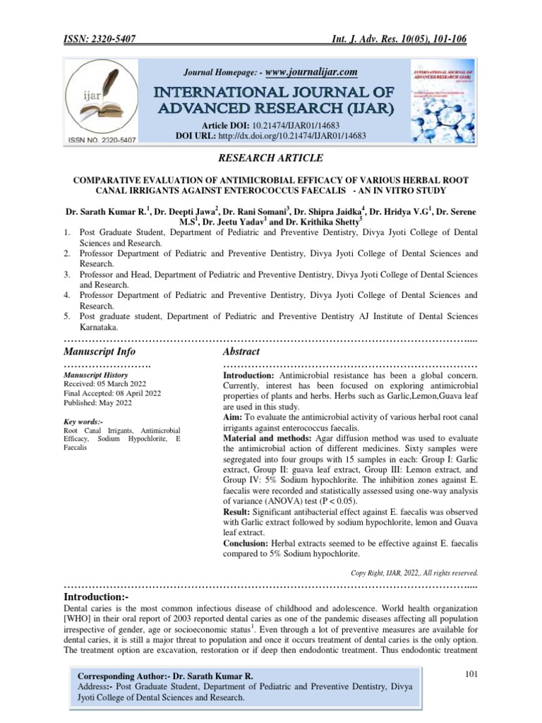 Comparative Evaluation of Antimicrobial Efficacy of Various Herbal Root Canal Irrigants Against ...