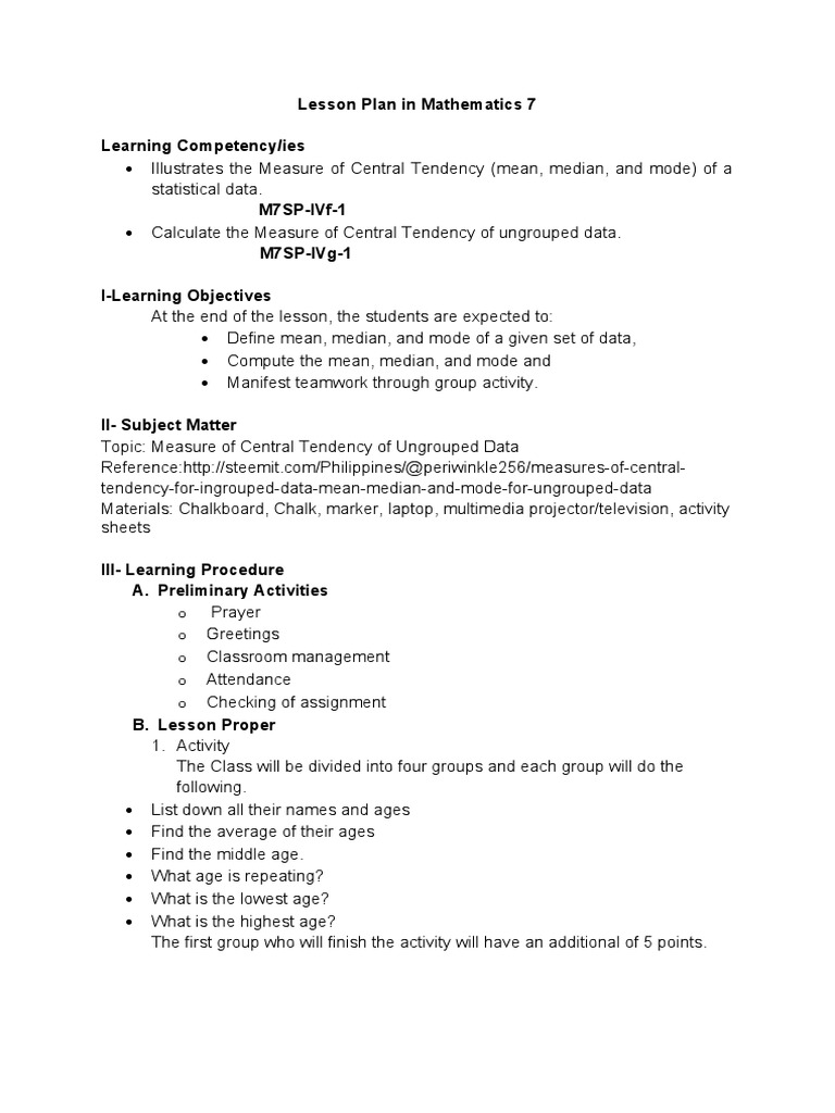 Lesson Plan in Mathematics Central Tendency For Demo | PDF | Mode ...