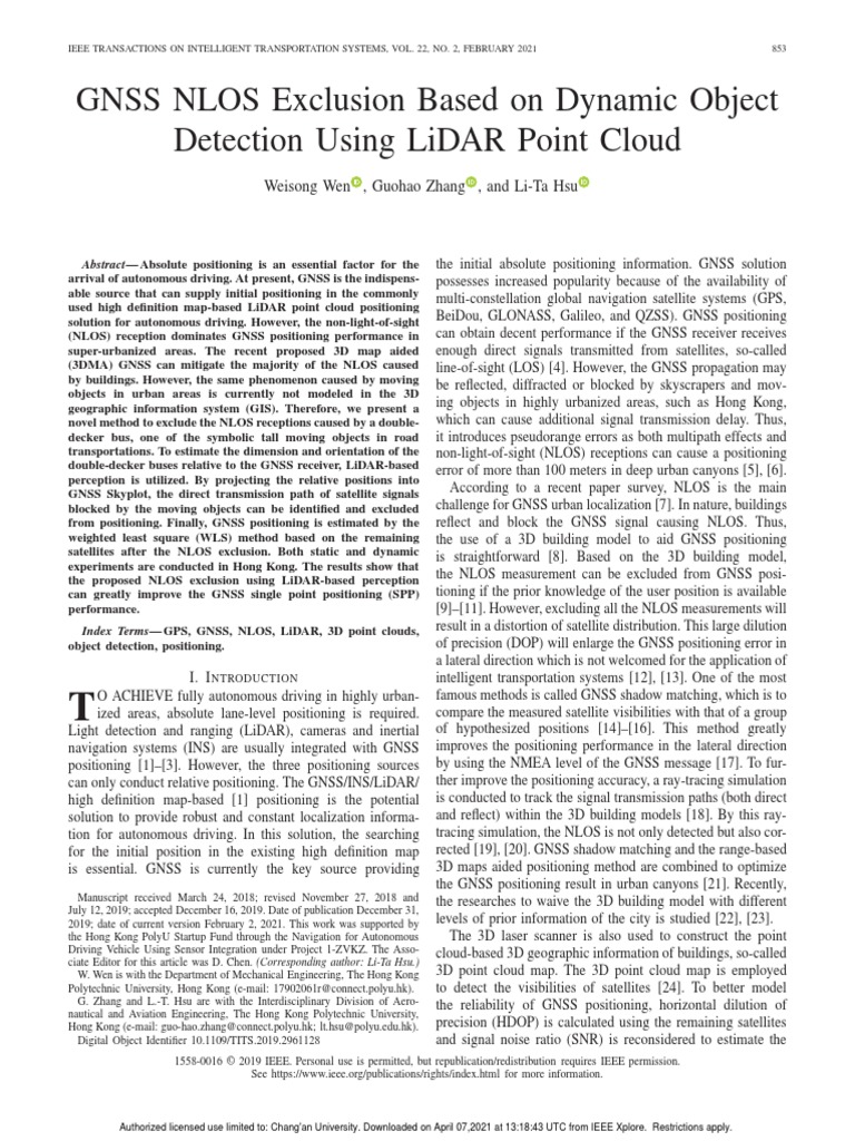 GNSS NLOS Exclusion Based On Dynamic Object Detection Using LiDAR Point Cloud | PDF | Lidar ...