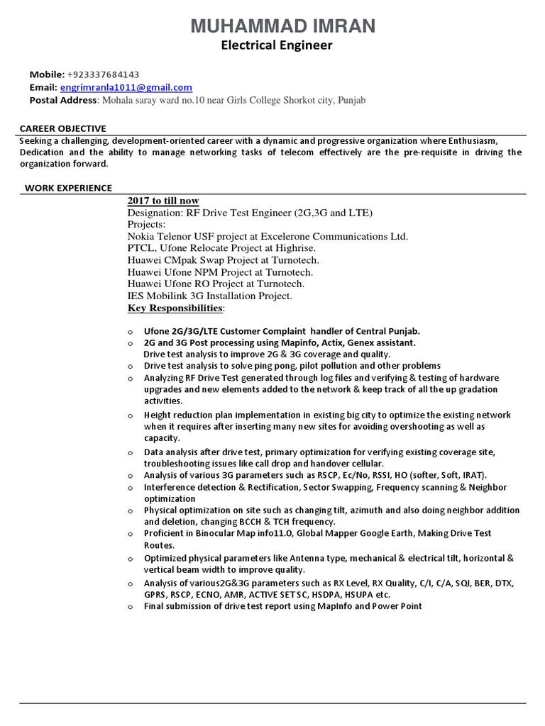 M IMRAN CV | PDF | 3 G | Lte (Telecommunication)