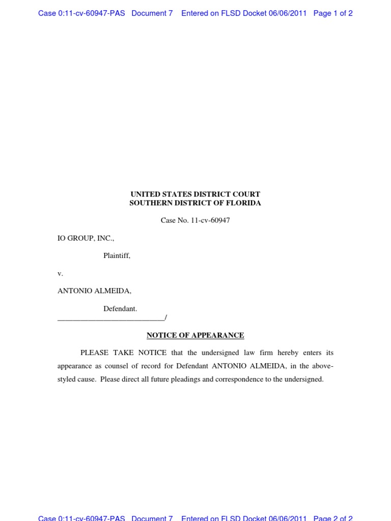 11-Cv-60947 Docket 7 Notice of Appearance | PDF | Politics | Social Science
