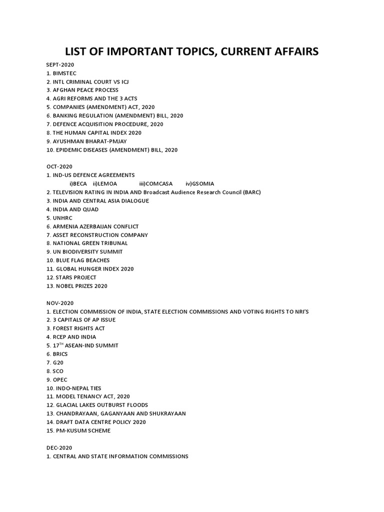 List of Important Topics, Current Affairs | PDF | Government | Global ...