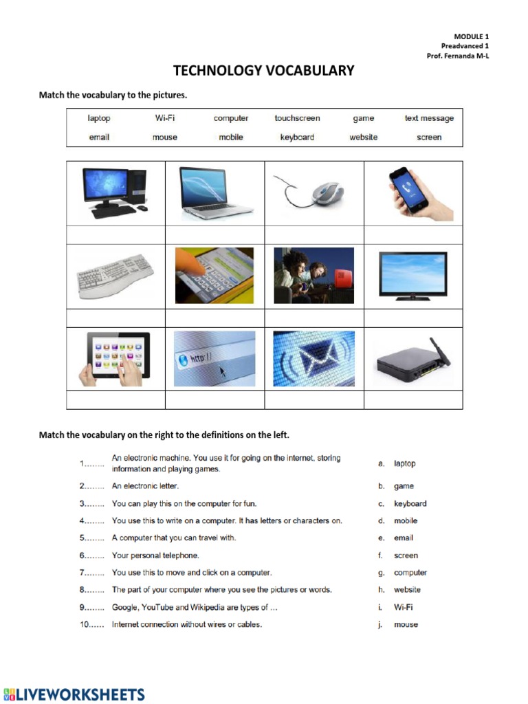 Technology Vocabulary Matching Exercise Pdf