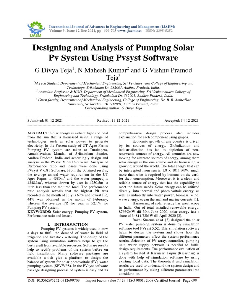 Designing and Analysis of Pumping Solar PV System Using Pvsyst Software ...