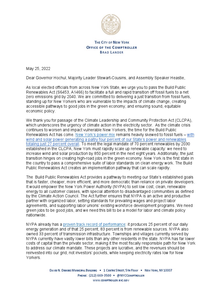 Urging NY to Pass Build Public Renewables Act | PDF | Renewable Energy ...