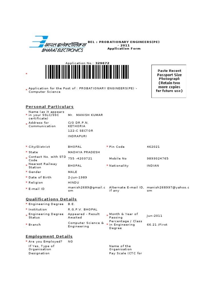 Personal Particulars: Bel: Probationary Engineers (Pe) - 2 0 1 1 ...