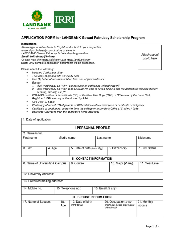APPLICATION FORM For LANDBANK Gawad Patnubay Scholarship Program | PDF ...