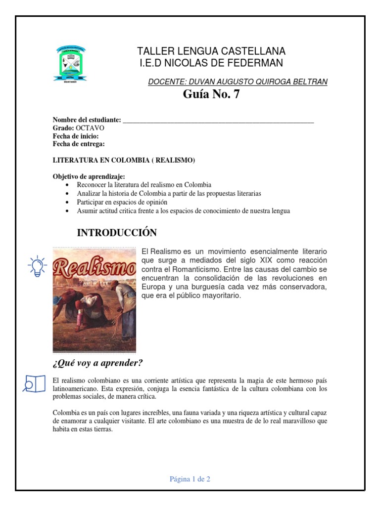 Taller # 7 Grado 8 REALISMO EN COLOMBIA | PDF | Realismo (Artes) | Colombia