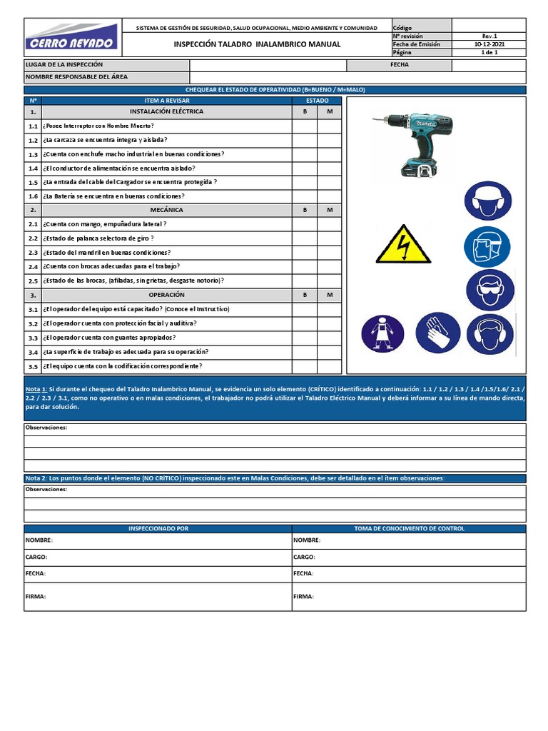 Check List Taladro Inalambrico Rev 1 | PDF | Perforar | Bienes ...