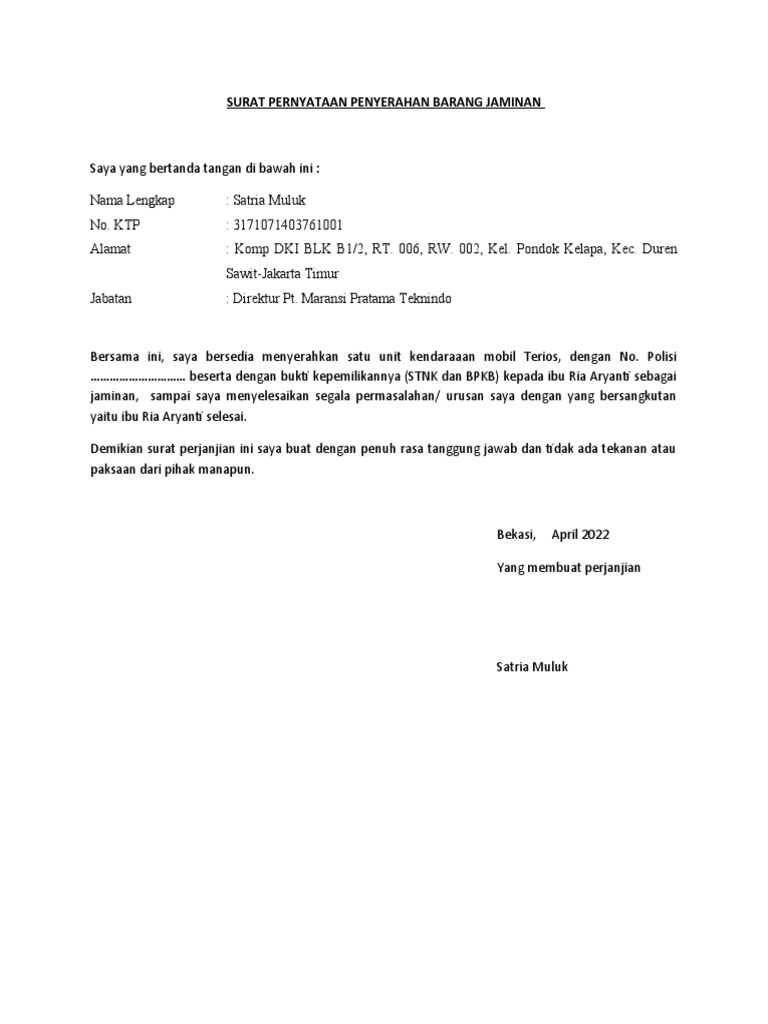 Surat Pernyataan Jaminan | PDF