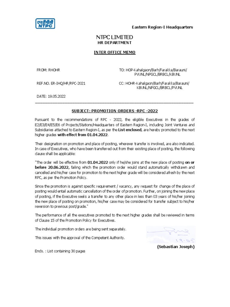 NTPC Eastern Region Promotion Orders 2022 | PDF | Technology & Engineering