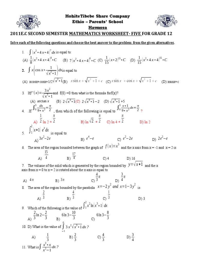 2011E.C Second Semester Mathematics Worksheet-Five For Grade 12 | PDF ...