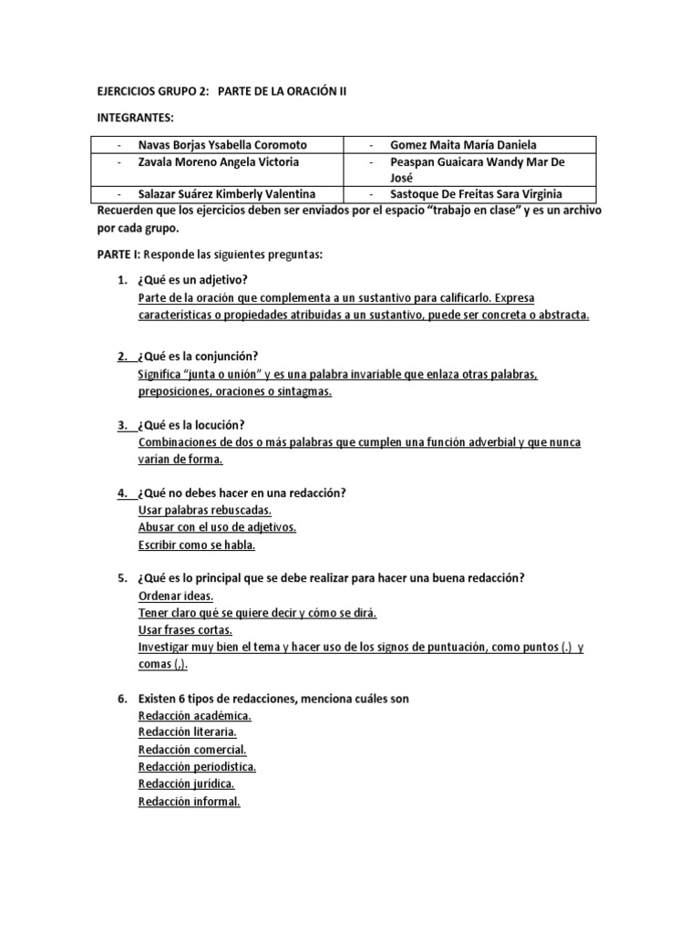 Ejercicios sobre Partes de la Oración | PDF | Adverbio | Verbo