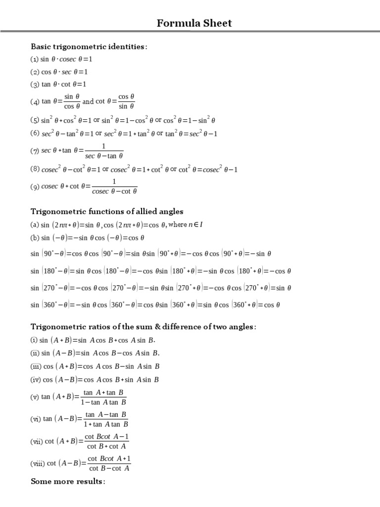 Formula Sheet: Basic Trigonometric Identities | PDF | Trigonometric ...