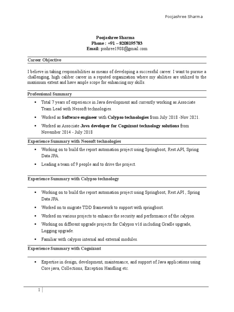 Career Objective: Poojashree Sharma Phone: +91 - 8208195783 | PDF | Java (Programming Language ...