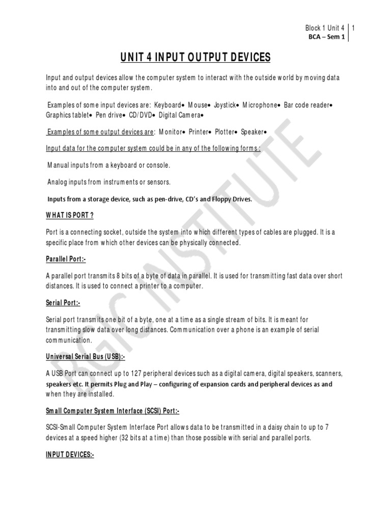 Unit 4 Input Output Devices: BCA - Sem 1 | PDF | Printer (Computing) | Computer Monitor