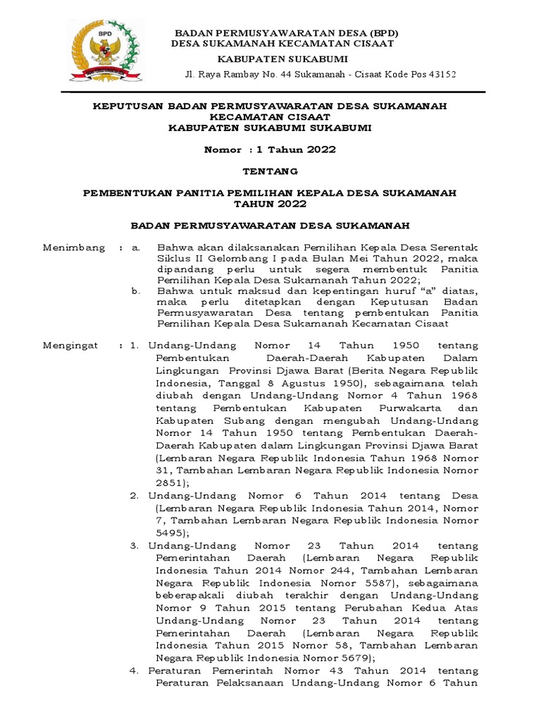 SK BPD Panpilkades Badan Permusyawaratan Desa | PDF