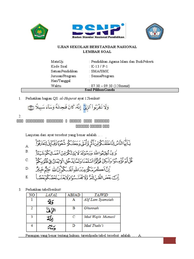 1soal Usbn Pai Sma-Smk K-13 Paket 1 | PDF | Agama & Spiritualitas