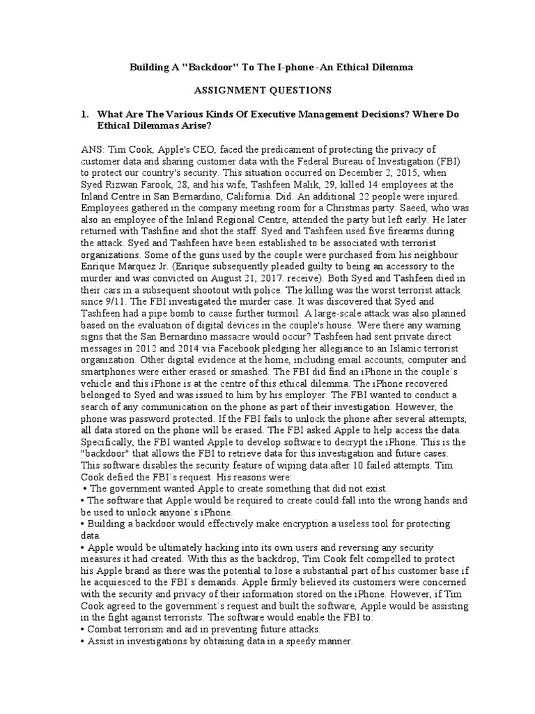Building A "Backdoor" To The Iphone - An Ethical Dilemma - Assignment ...