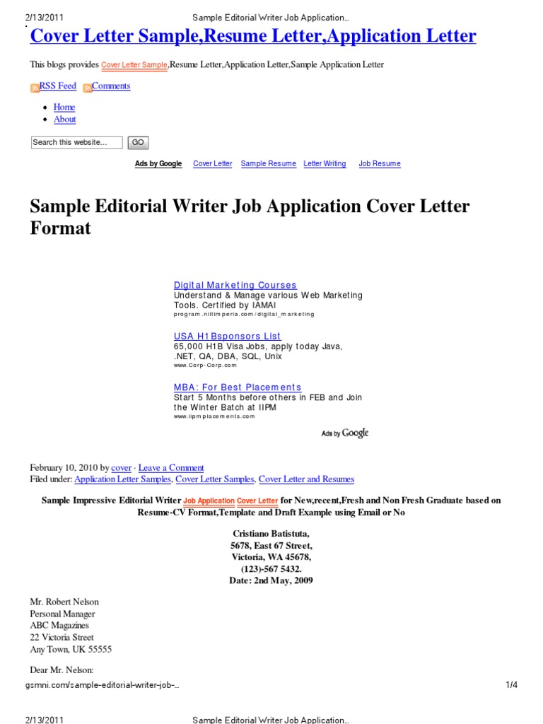 Sample Editorial Writer Job Application Cover Letter Format - Cover ...
