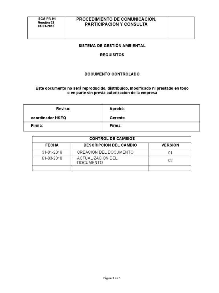 Sga-Pr-04 Procedimiento de Comunicación, Participacion y Consulta | PDF ...